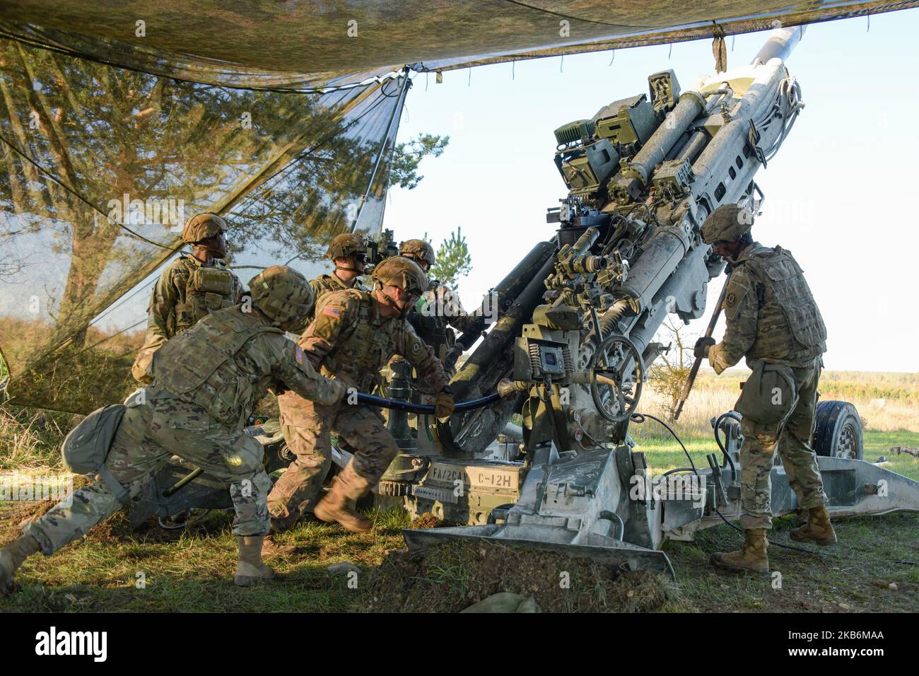 U.S. Soldiers assigned to Bravo Battery, Field Artillery Squadron, 2nd Cavalry Regiment conduct ...