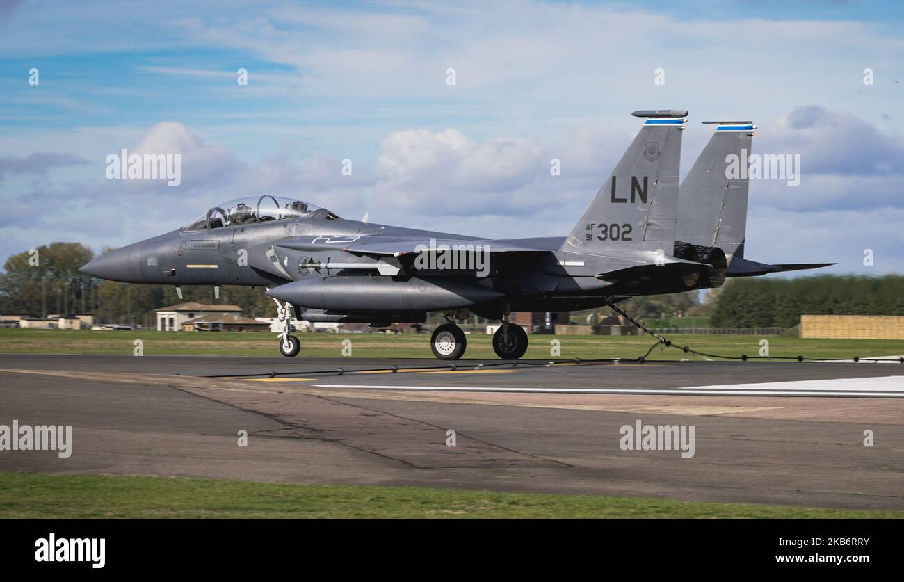 An F-15E Strike Eagle assigned to the 492nd Fighter Squadron uses its ...