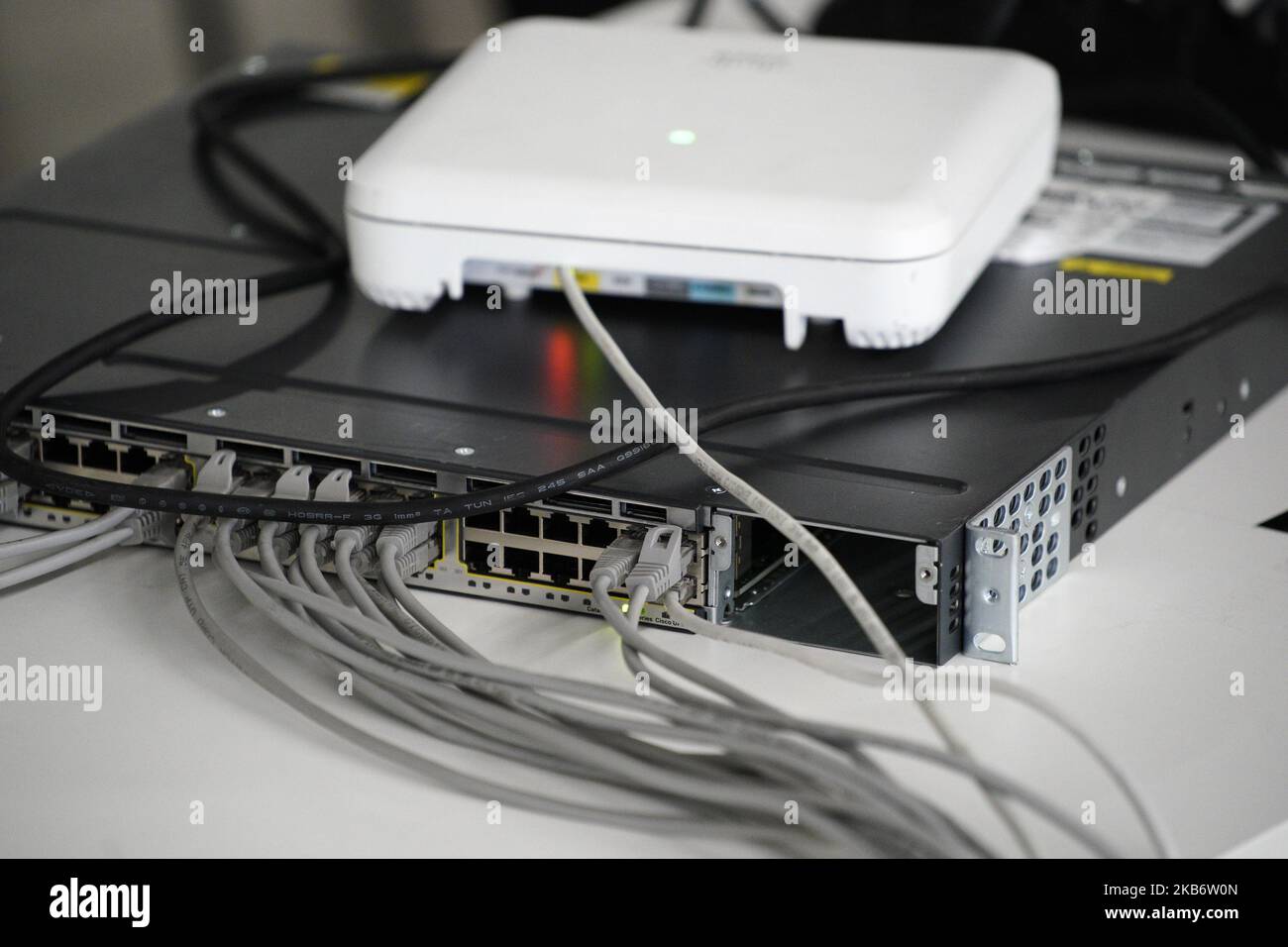 Routers with network cables are seen during the Hackyeah hackathon in ...