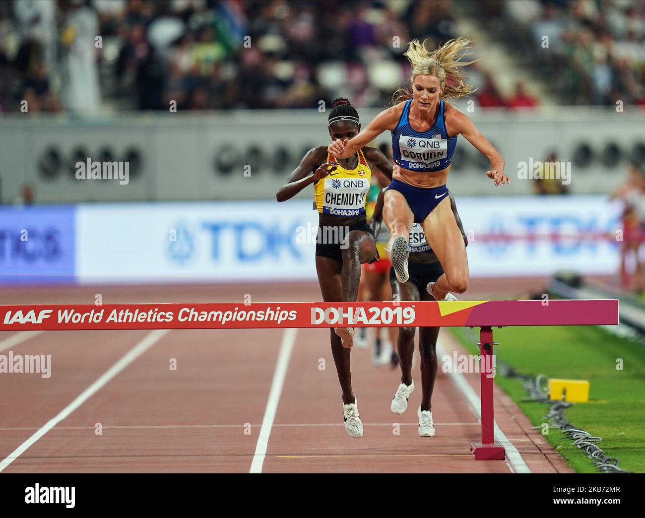Emma Coburn of United States competing in the 3000 meter steeple chase ...