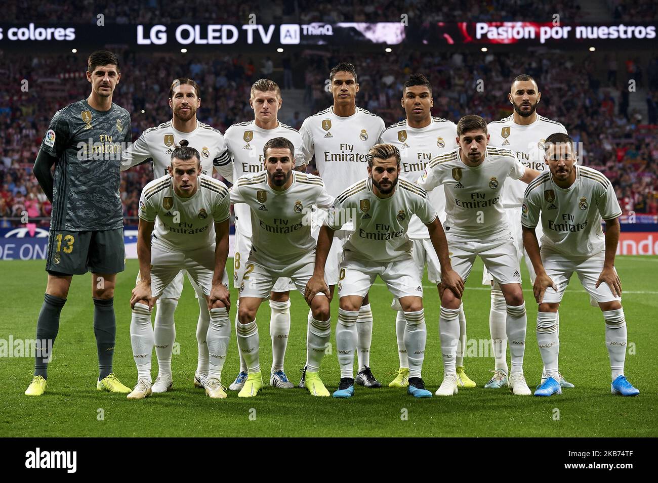 Real Madrid line up (L-R) Thibaut Courtois, Sergio Ramos, Toni Kroos ...