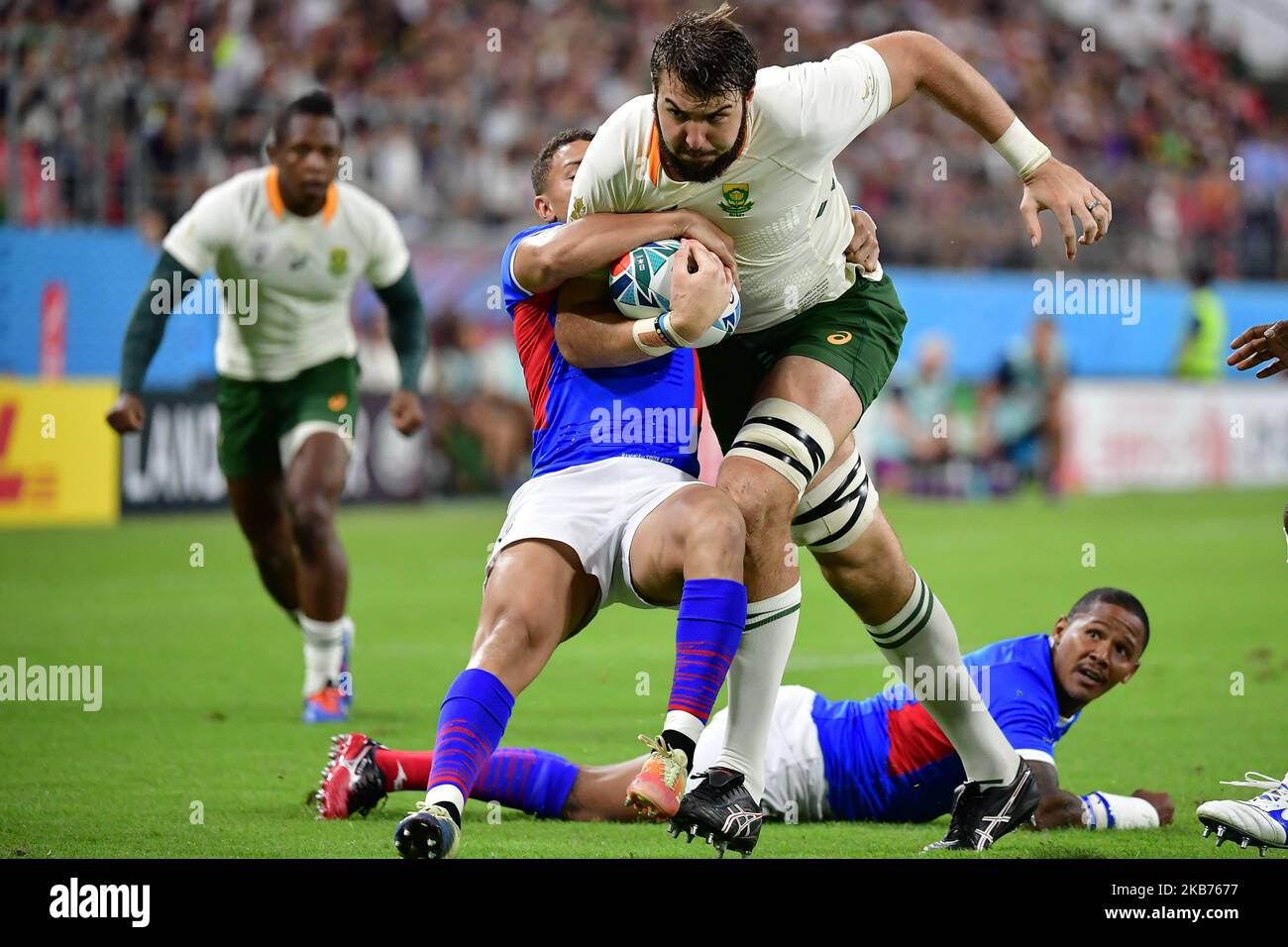 Lood De Jager passes the Namibia defend line during Rugby World Cup ...