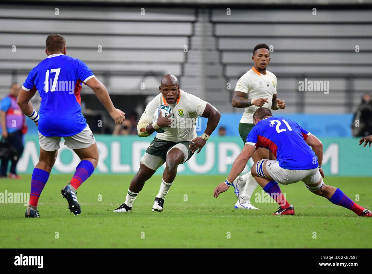 Mbongeni try to hit Namibia player, Wian Conradie during Rugby World ...