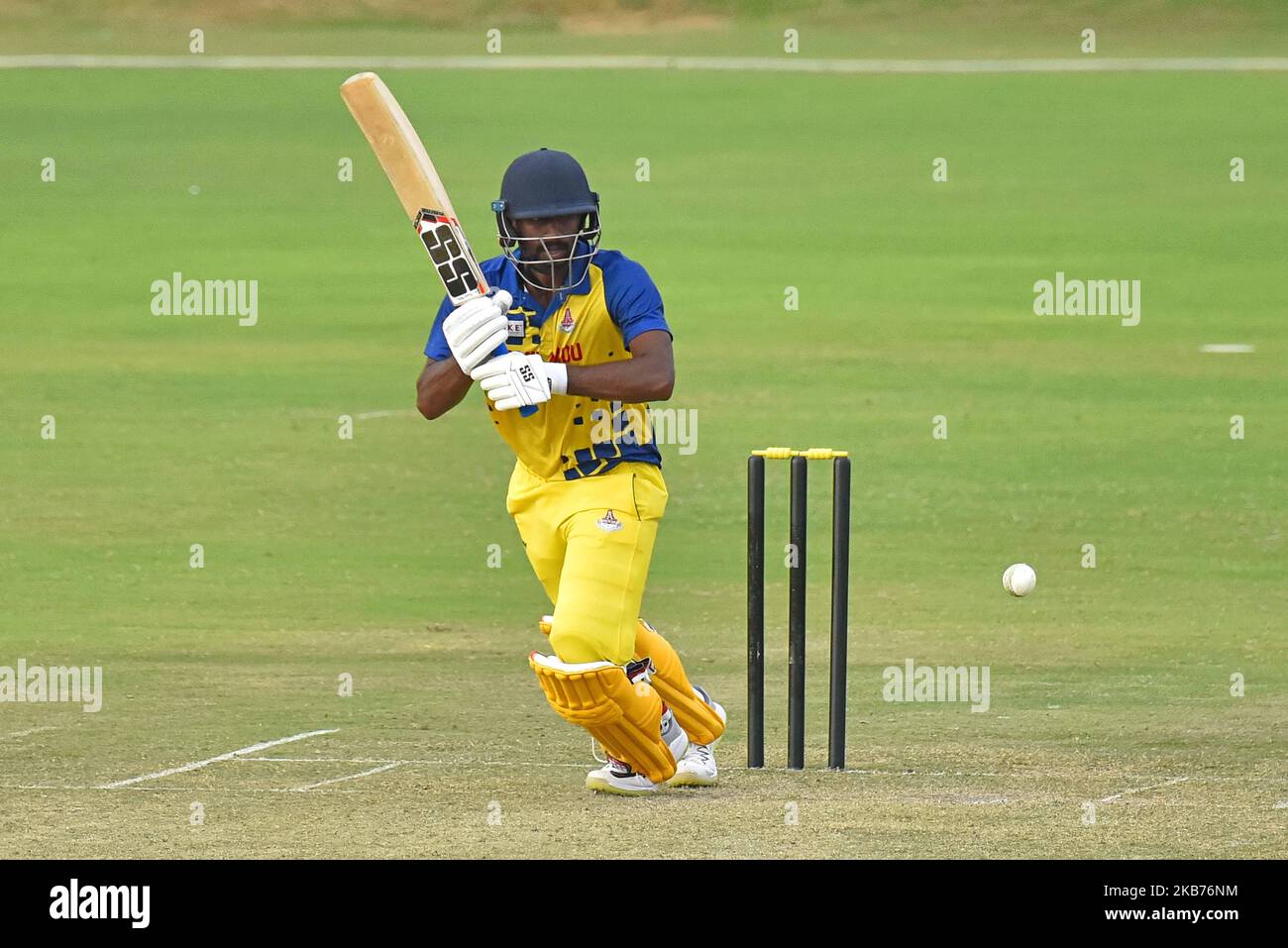 Tamil Nadu Batsman Baba Aparajith plays a shot during the Vijay Hazare ...
