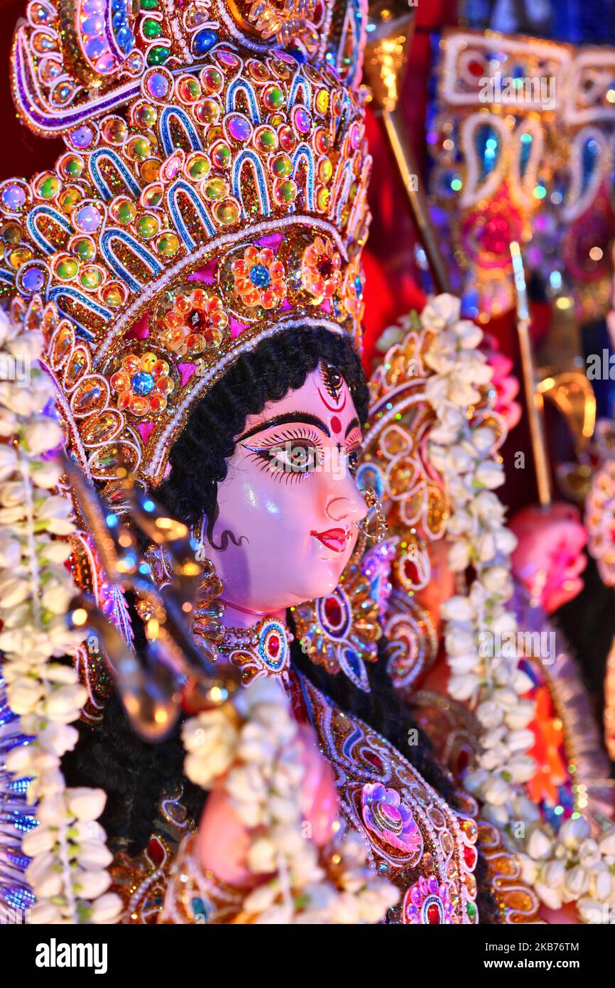 Decorated idol the Goddess Durga during the Durga Puja festival at a ...