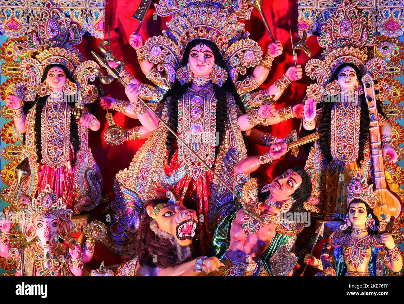 Decorated idol the Goddess Durga during the Durga Puja festival at a ...