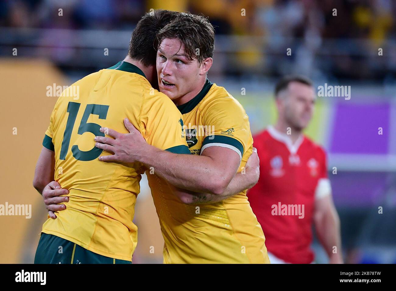 Dane Haylett-Petty celebrate with Wallabies captain Michael Hooper (c ...