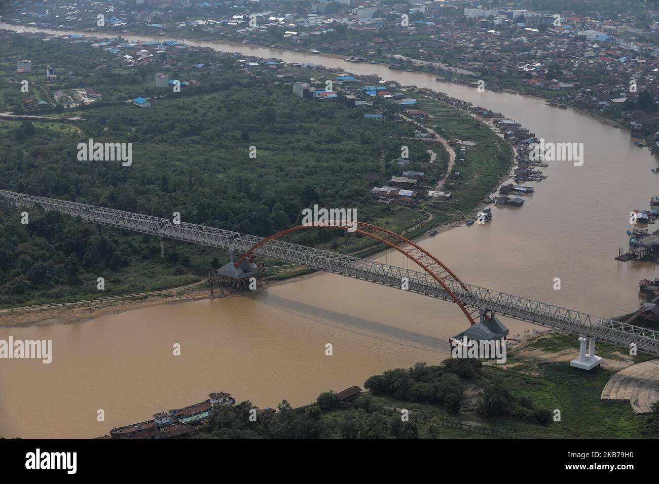 Aerial view of Kahayan river covered by haze due to forest fires in ...