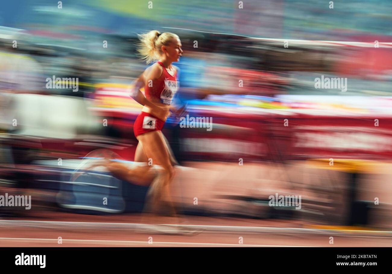 Anna Emilie Møller of Denmark competing in the 3000 meter steeple chase ...