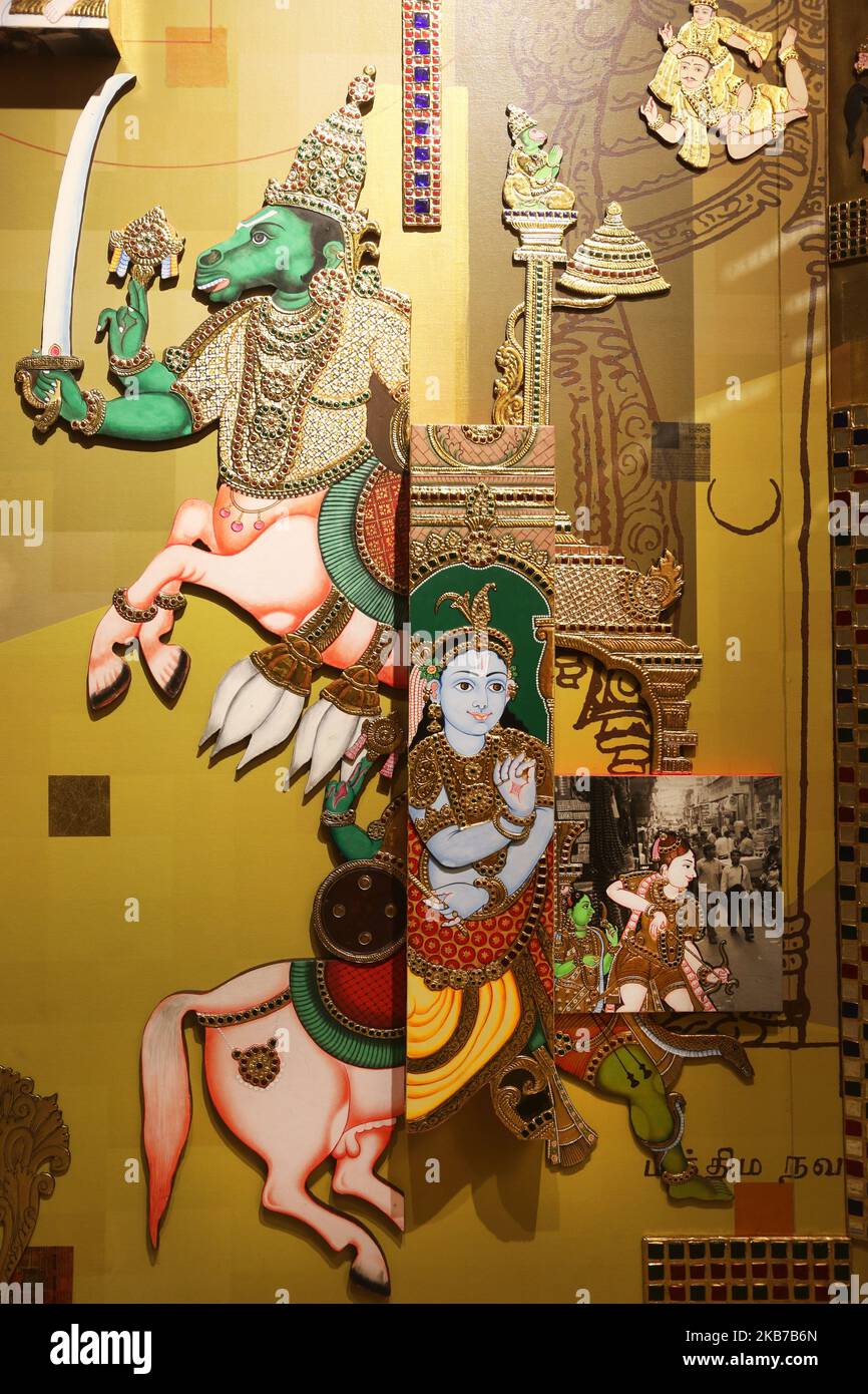 Detail of a decorative artistic display featuring images of various ...