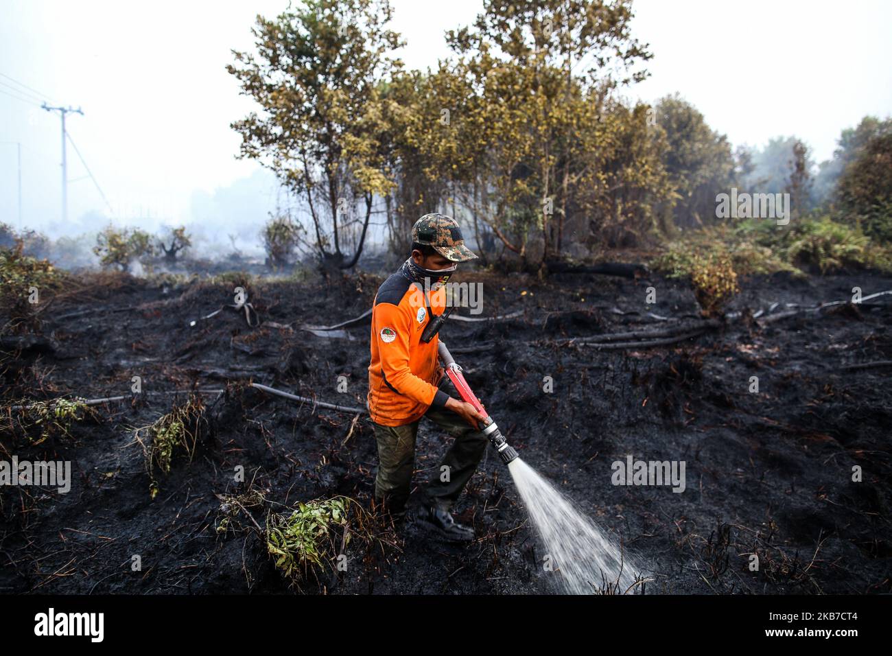 A firefighter extinguishes the fire on burned peatland and forest in ...
