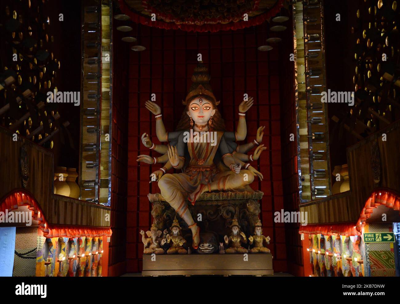 Durga idol and Puja pandal or temporary platform of a community Durga ...