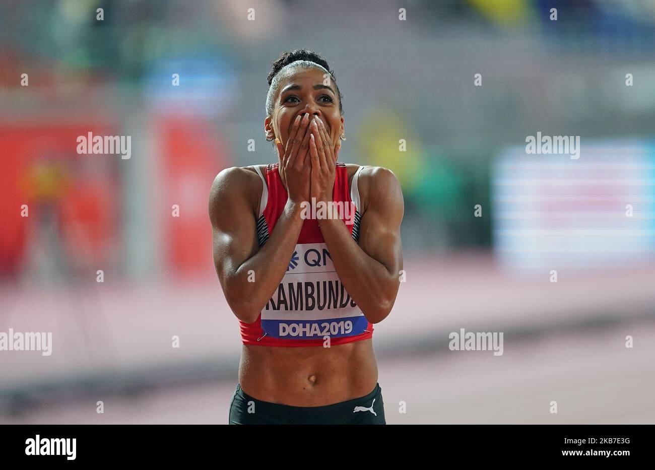 Mujinga Kambundji of Switzerland winning a bronze medal in the 200 ...