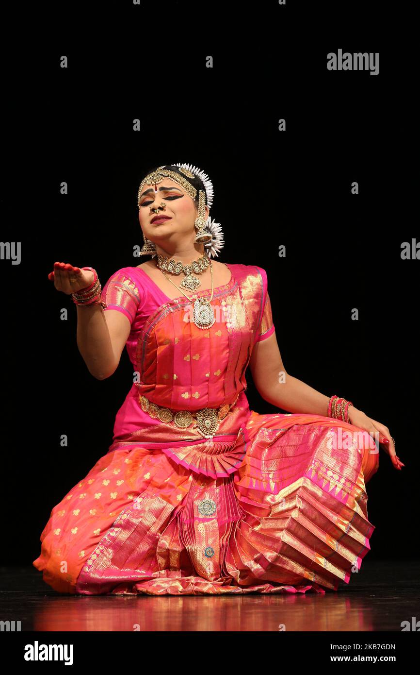 Tamil Bharatnatyam dancer performs an expressive dance during her ...