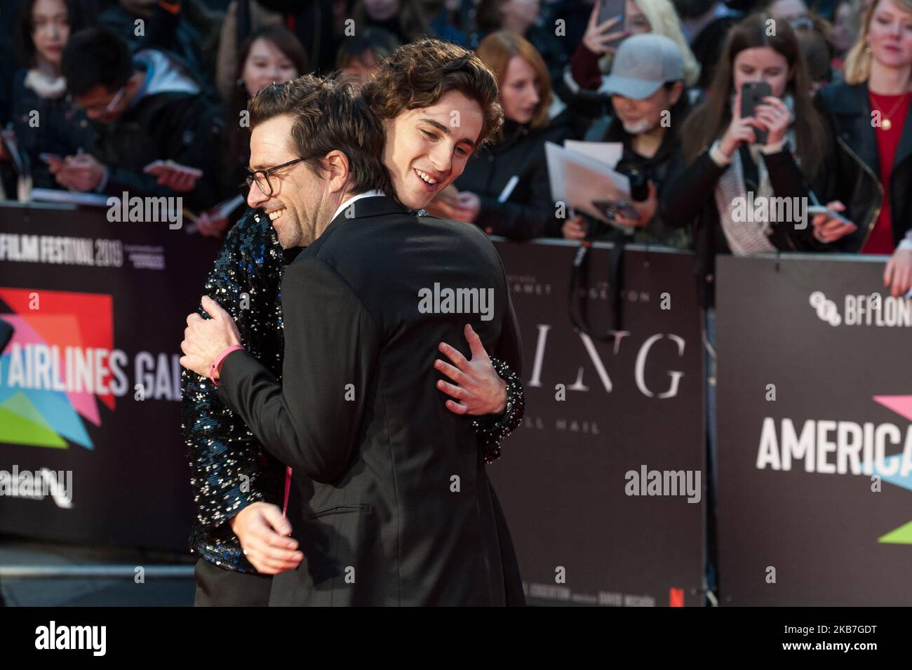 Timothee Chalamet (L) hugs David Michod (R) at the UK film premiere of ...