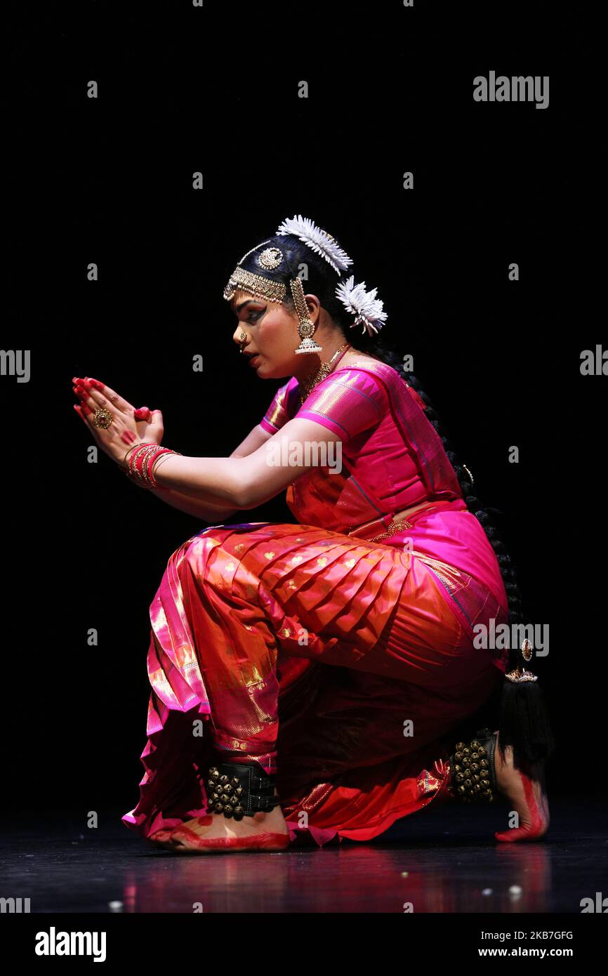 Tamil Bharatnatyam dancer performs an expressive dance during her ...