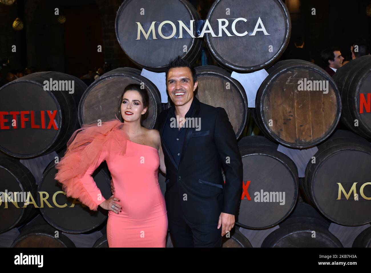 Claudia Alvarez, Billy Rovzar poses for photos during a red carpet of Monarca Tv Series by ...