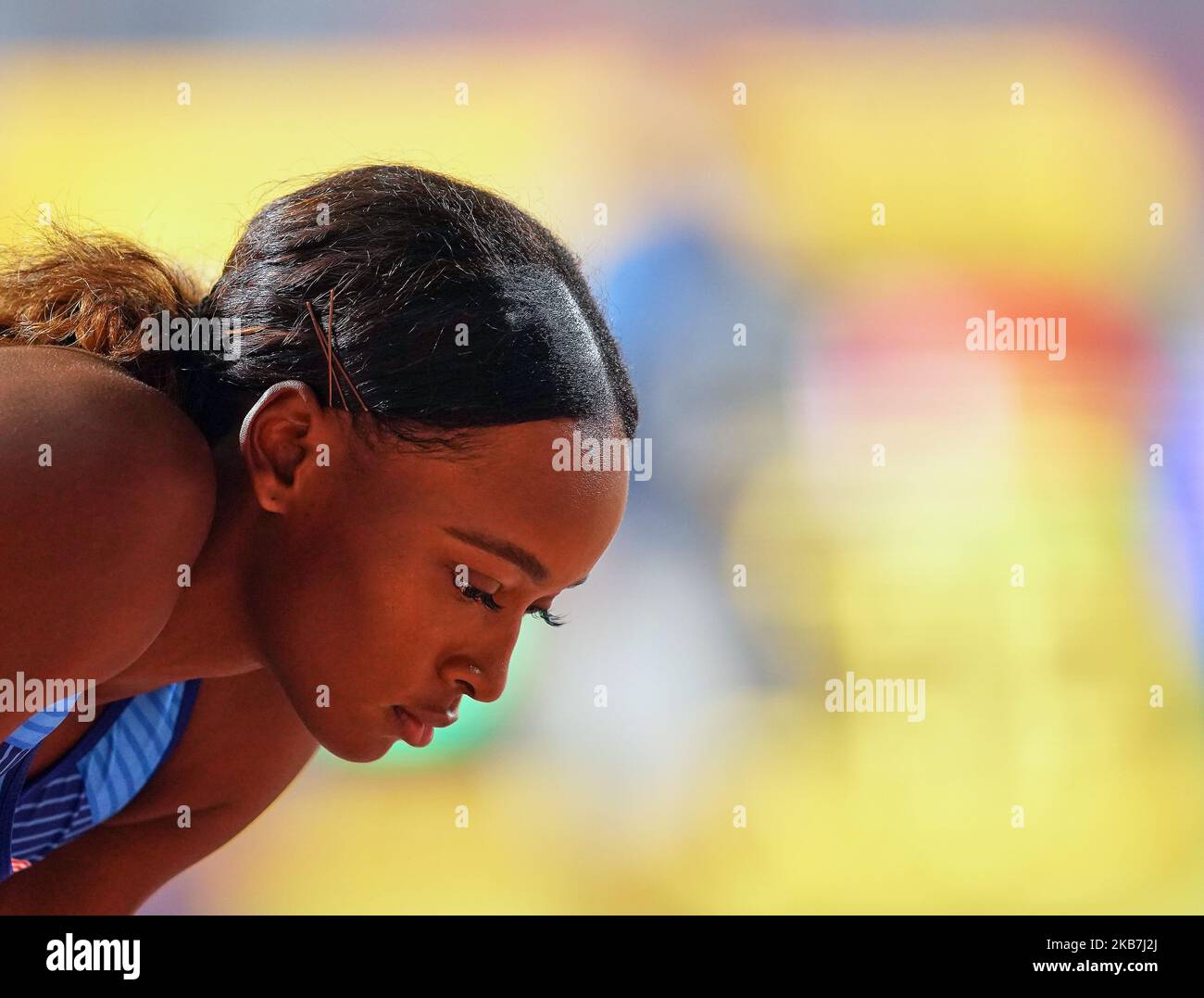 Dalilah Muhammad of United States competing in the 400 meter hurdles ...