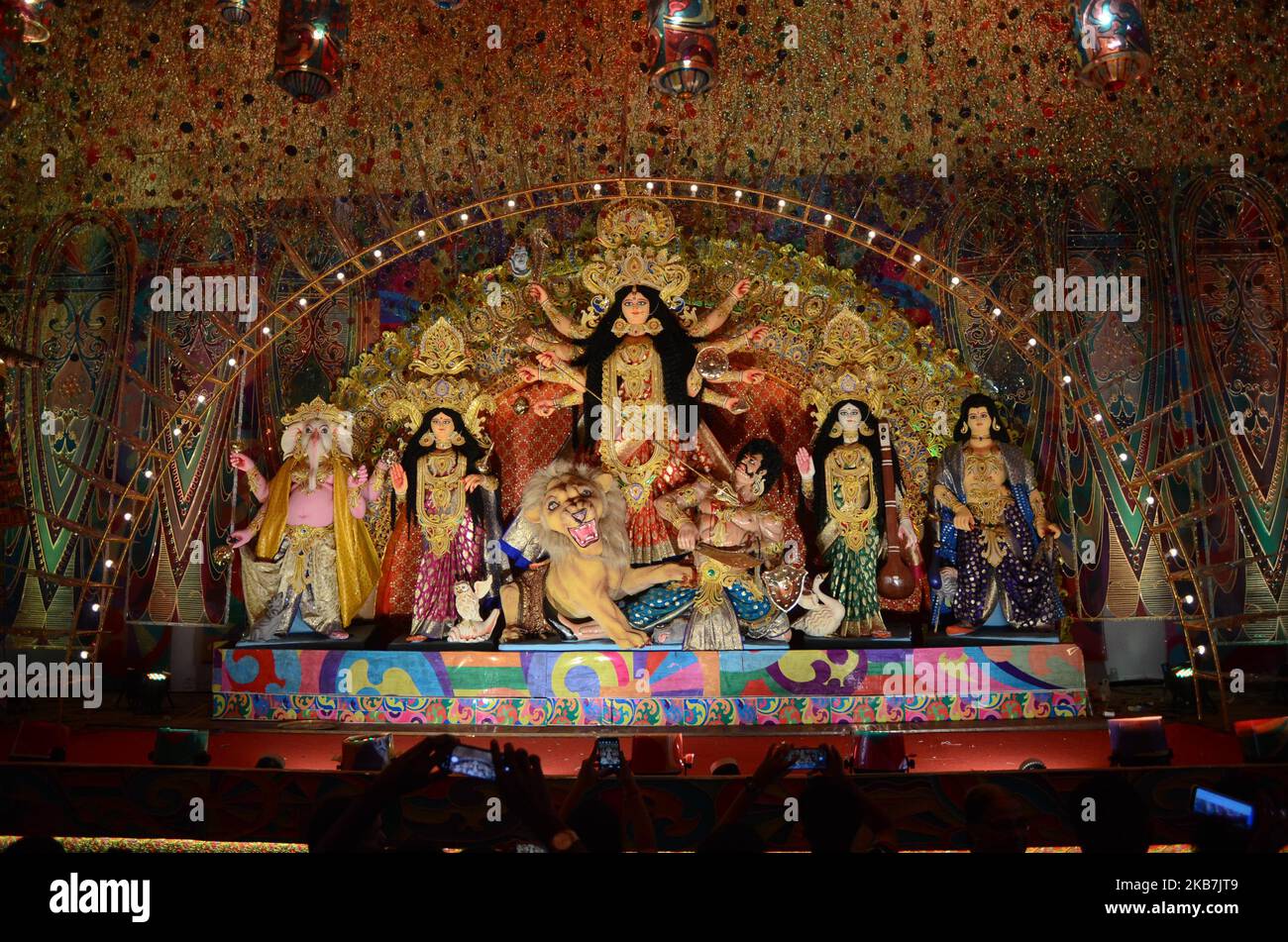 Durga idol and Puja pandal or temporary platform of a community Durga ...