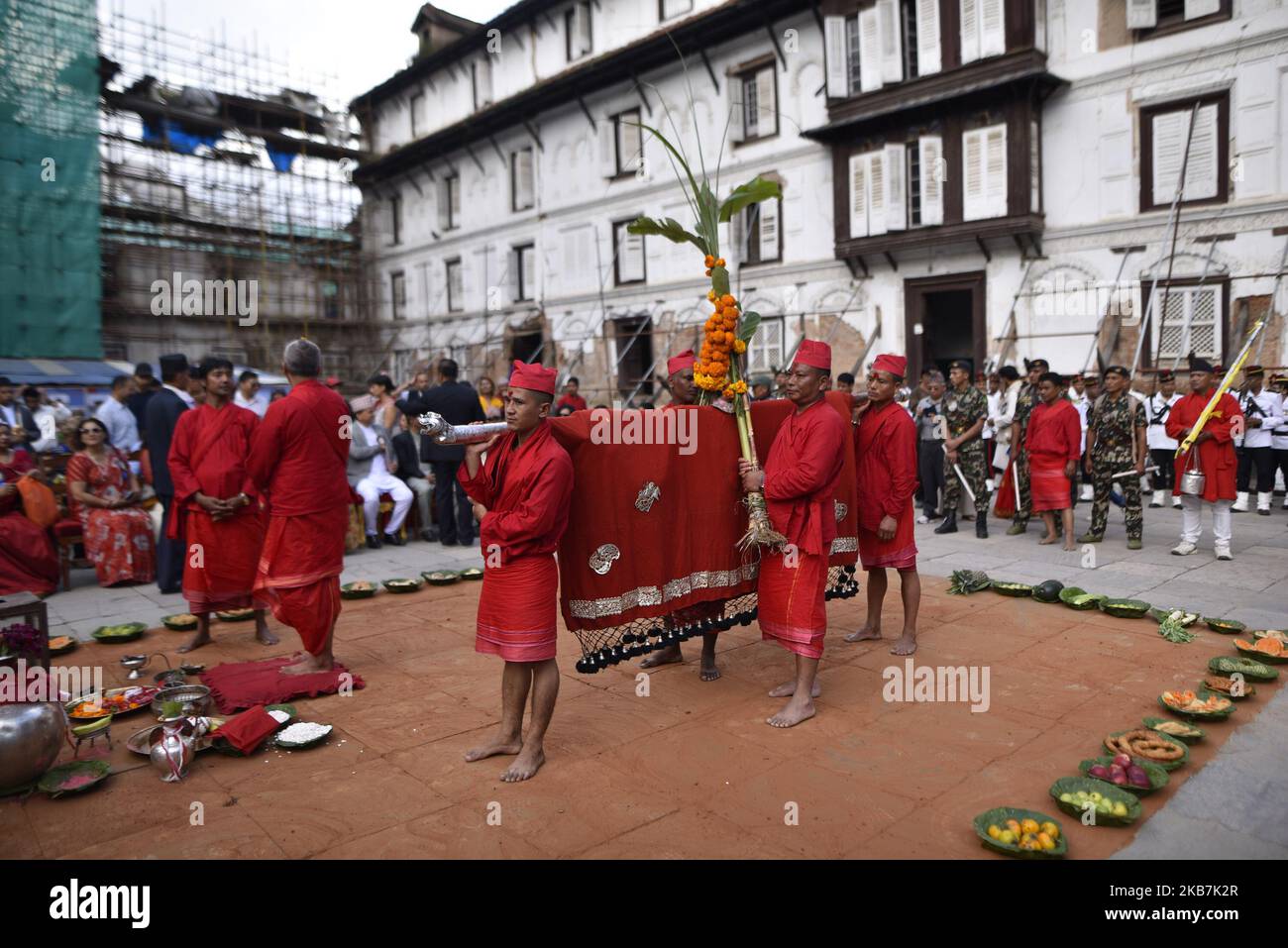 Nepalese priest performs traditional rituals over the Fulpati, which ...
