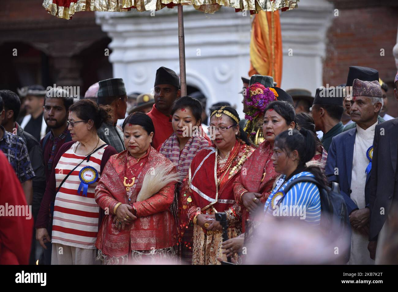 Nepalese devotees sings traditional songs as priests carrying Fulpati ...