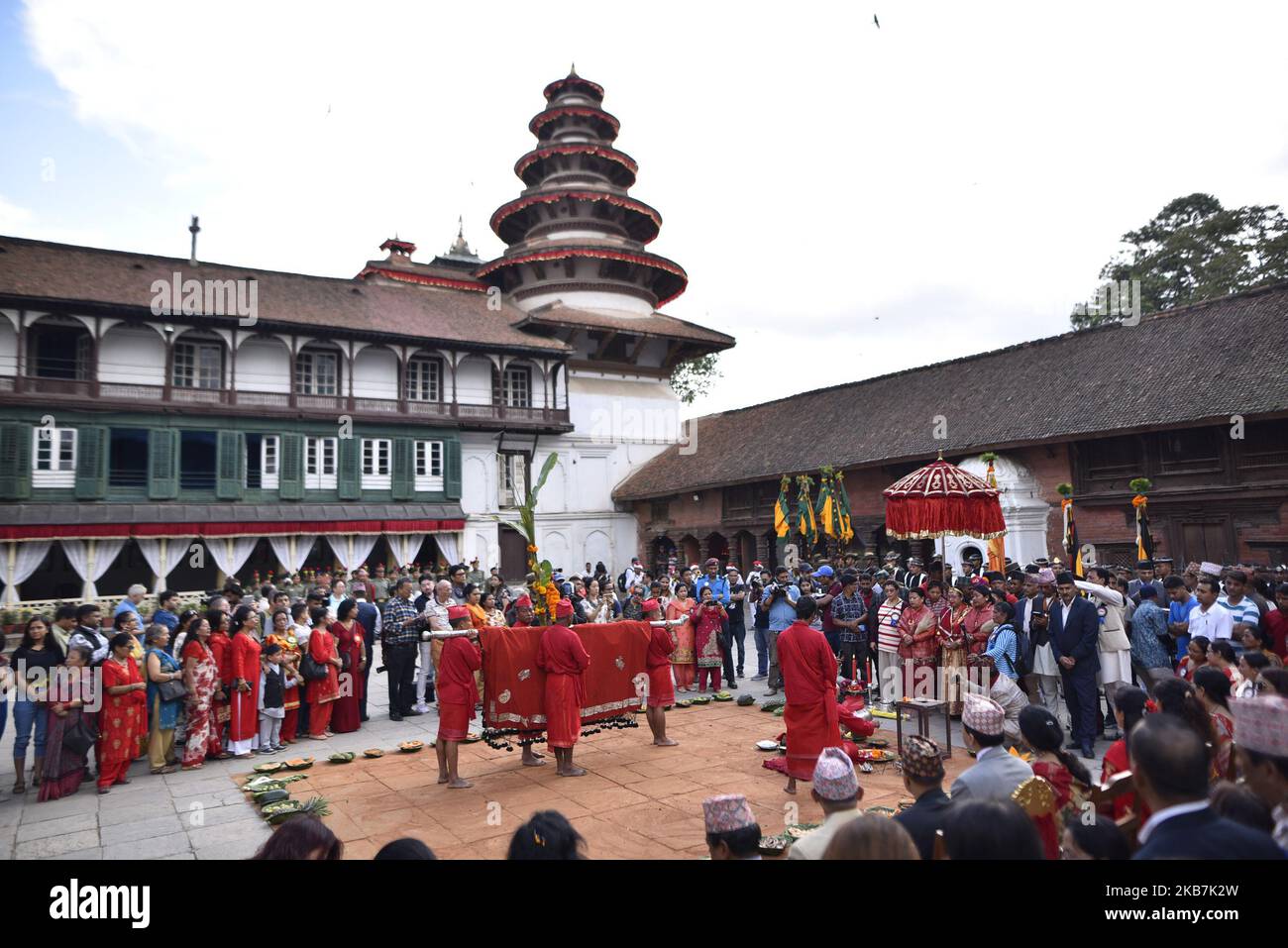 Nepalese priest performs traditional rituals over the Fulpati, which ...