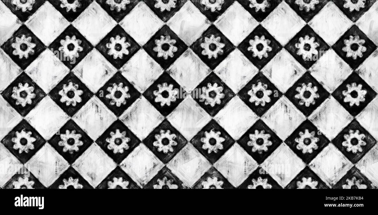 Seamless painted floral diagonal diamond country checker black and ...