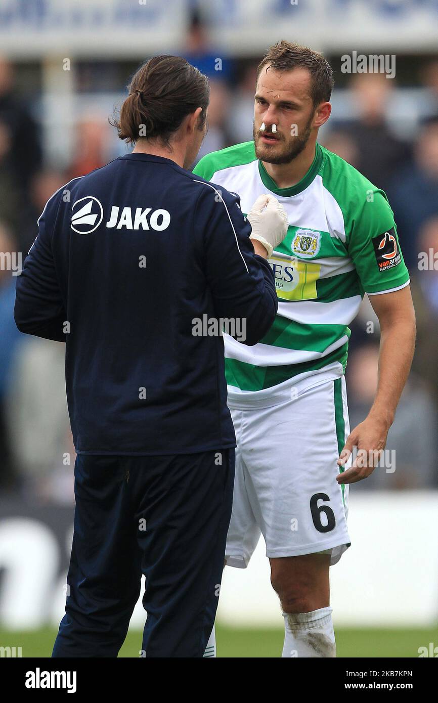 Luke Wilkinson of Yeovil Town receives treatment during the Vanarama ...