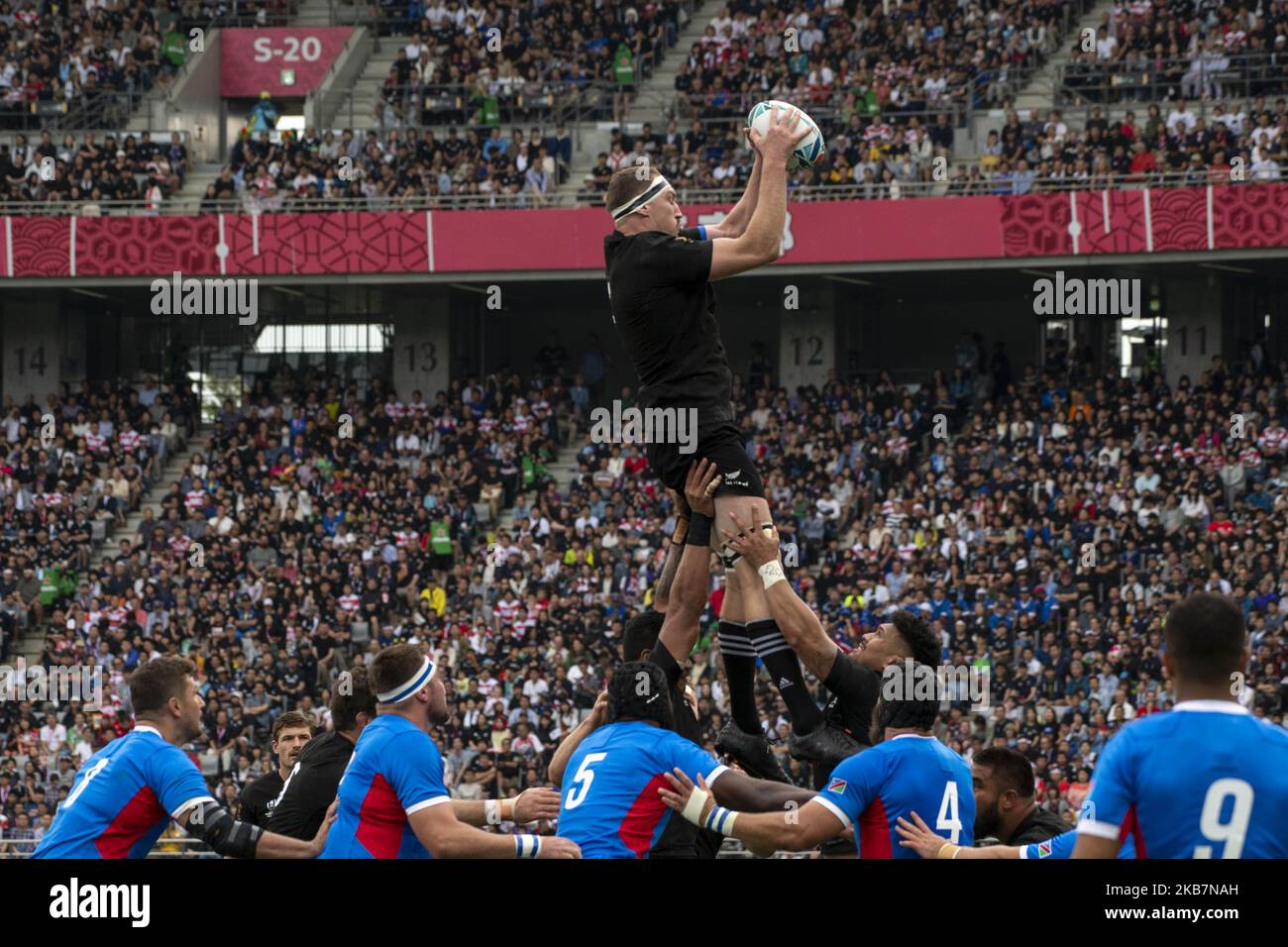 Brodie Retallick of New Zealand wins the lineout ball during the Rugby ...