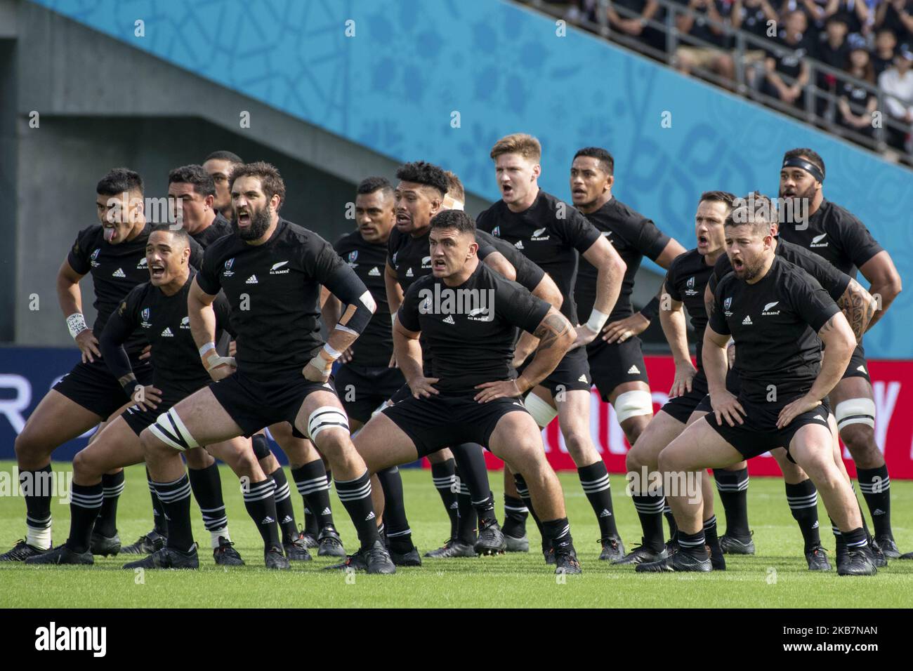New Zealand players perform the Haka prior to the Rugby World Cup 2019 ...