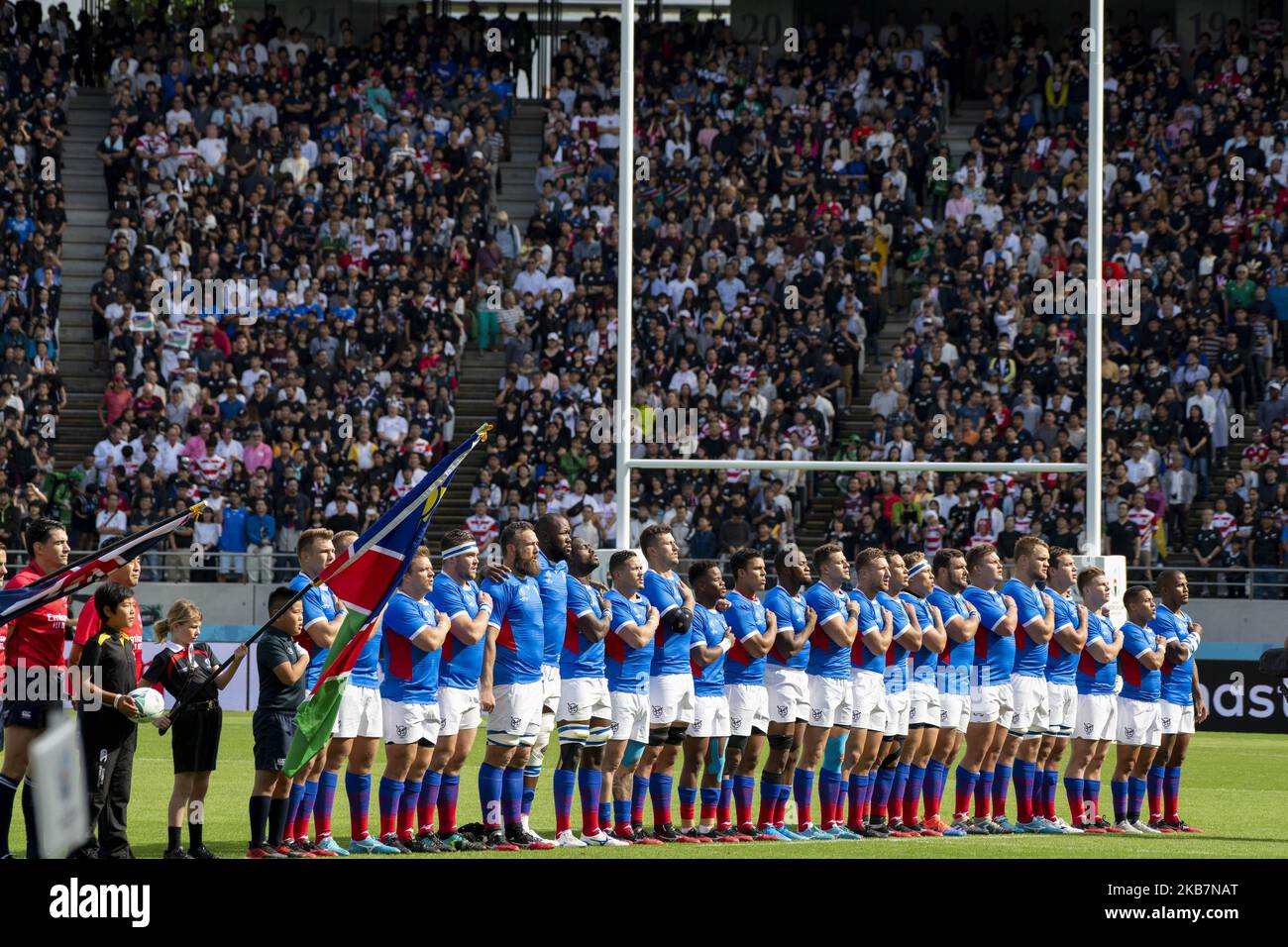 Namibia players lines up for the national anthem prior to the Rugby ...