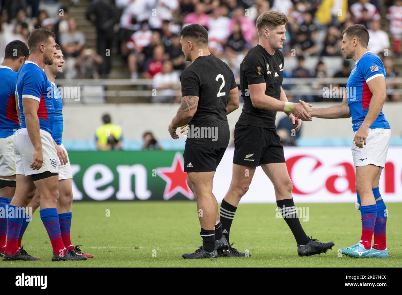 Players shake hands after the Rugby World Cup 2019 Group B game between ...