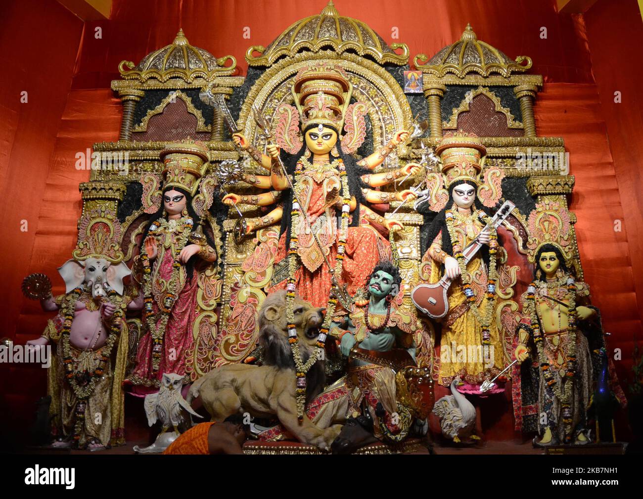 A Durga idol of a Puja pandal or temporary platform of a community ...