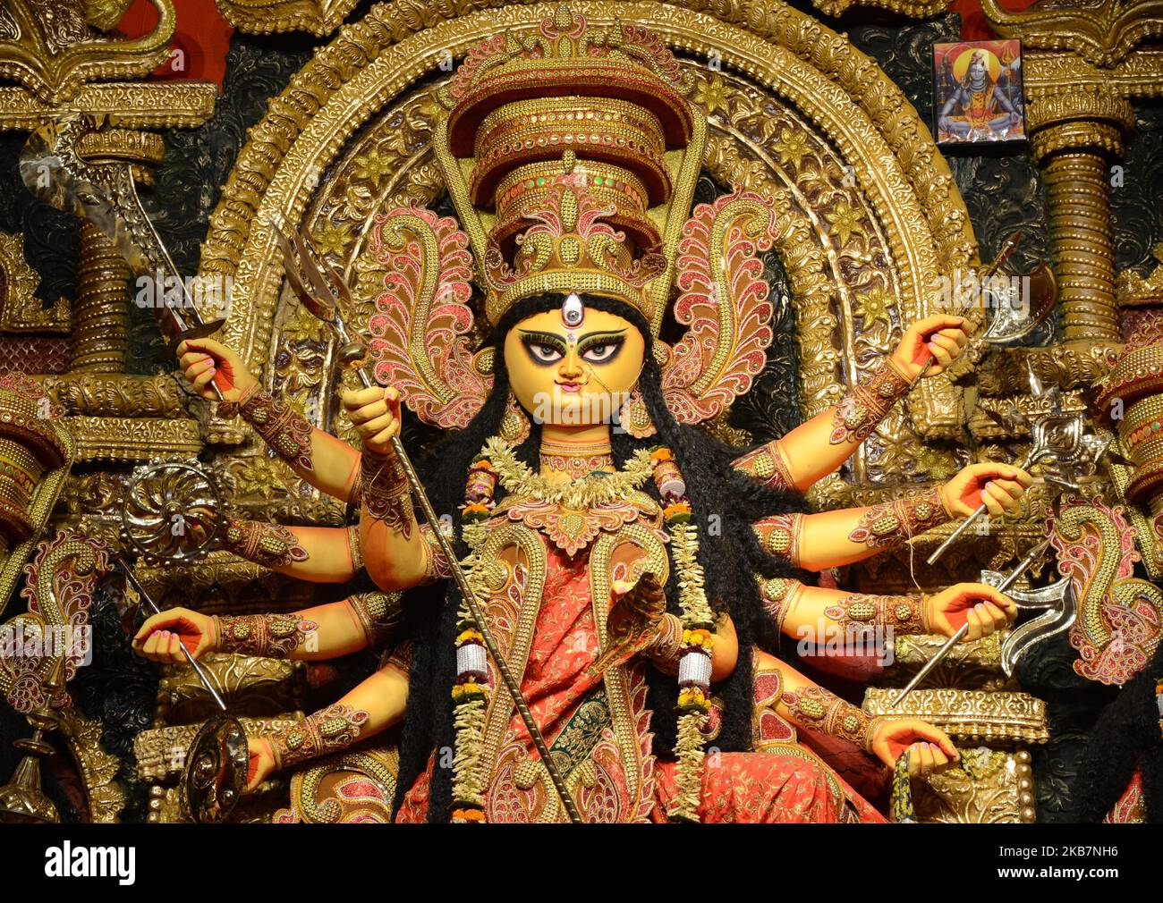 A Durga idol of a Puja pandal or temporary platform of a community ...