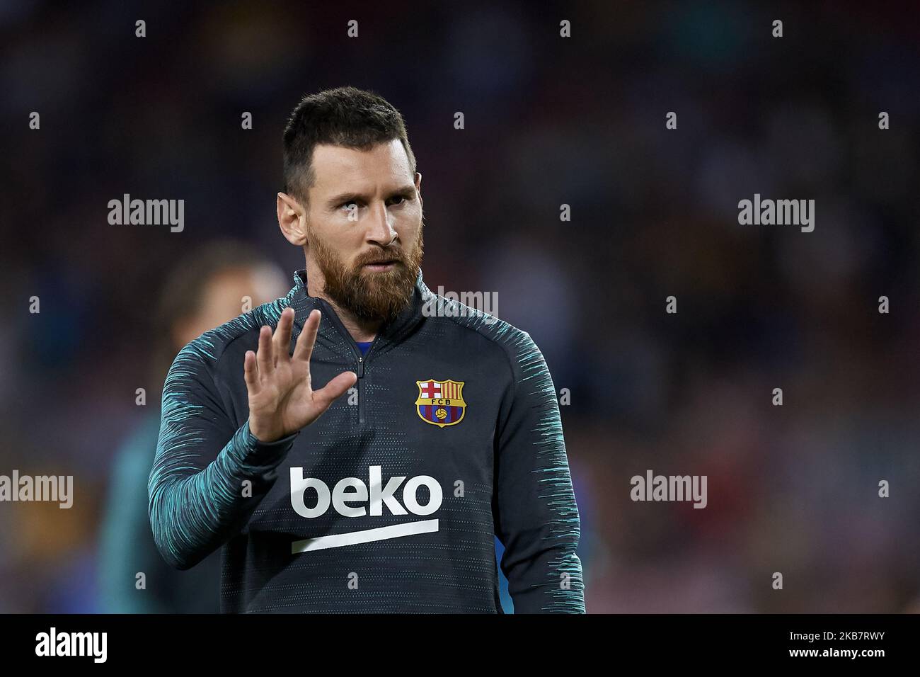 Lionel Messi of Barcelona during the warm-up before the UEFA Champions ...