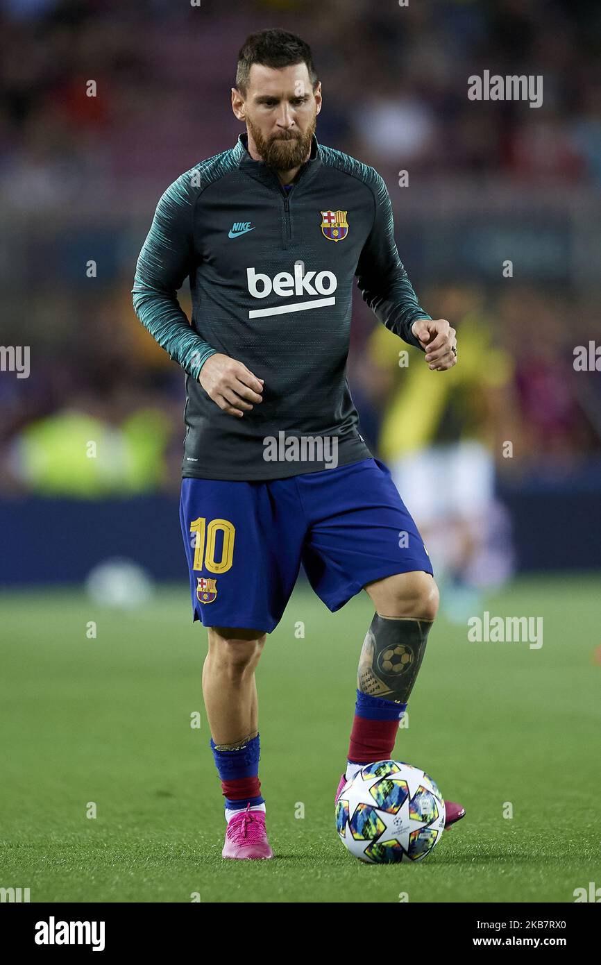 Lionel Messi of Barcelona during the warm-up before the UEFA Champions ...