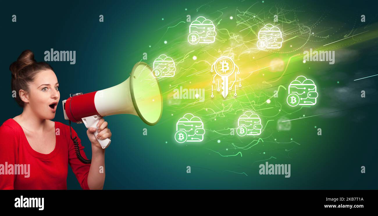 Young person with megaphone and currency icon Stock Photo - Alamy