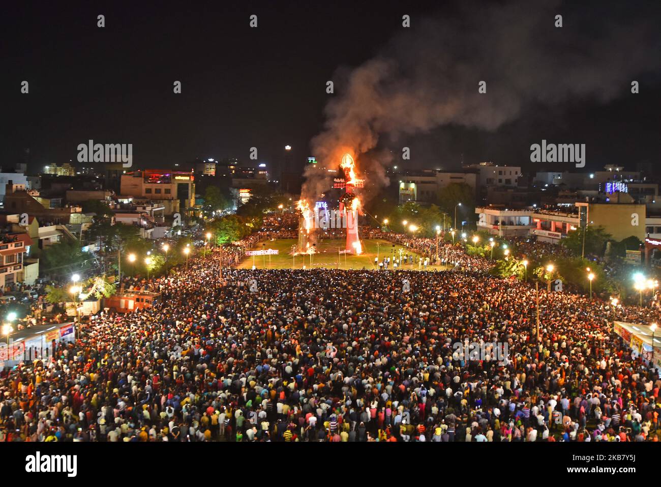 An effigy of demon king Ravana is set on fire during the Dusshera ...