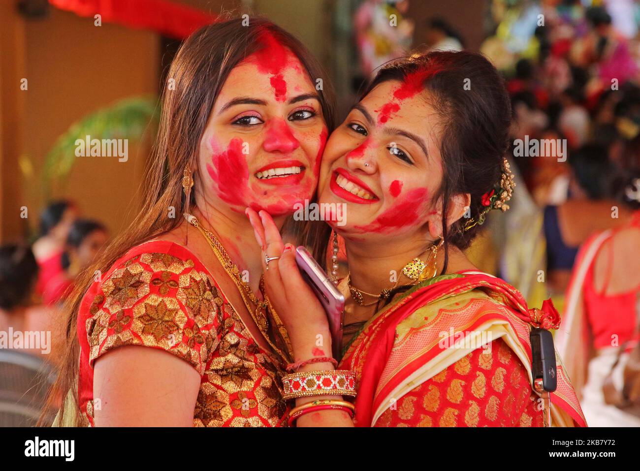 Bengal community married women during the Sindur Khela on the final day ...