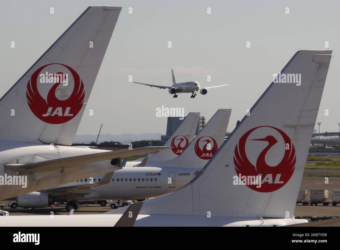 Japan Airlines Co. (JAL) aircraft stand at Haneda Airport in Tokyo ...