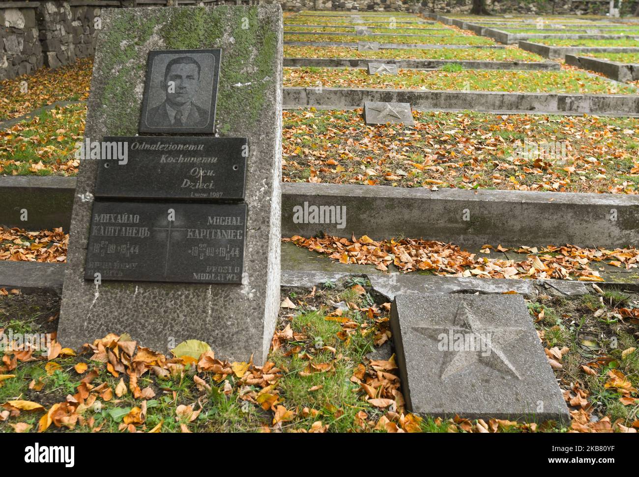 A view of a part of the 74 graves with a Red Army star in the center ...