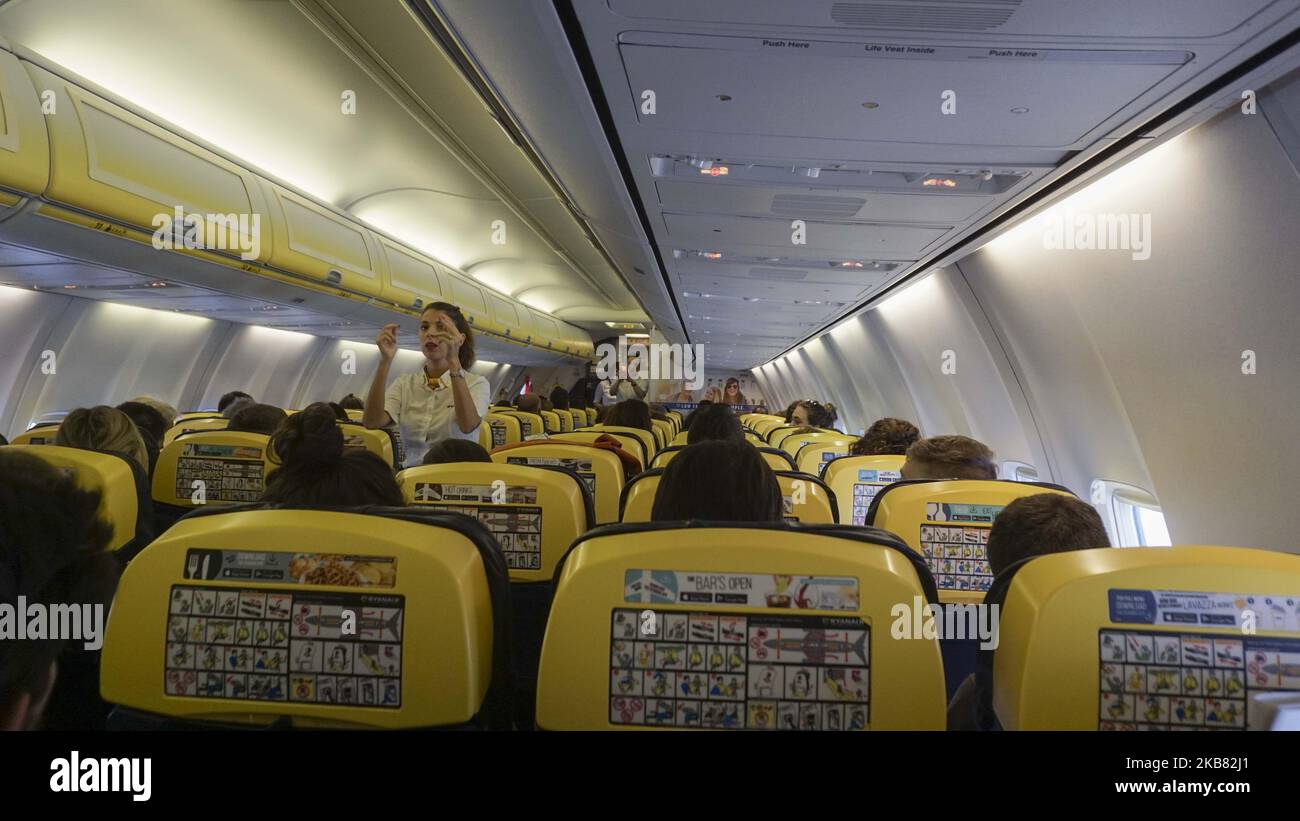 A general view inside of the RyanAir Boeing 737-800 airplane at Athens ...