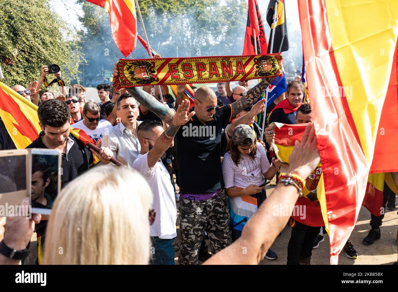 Fascists protesters doing the fascist salutation during a demonstrate ...