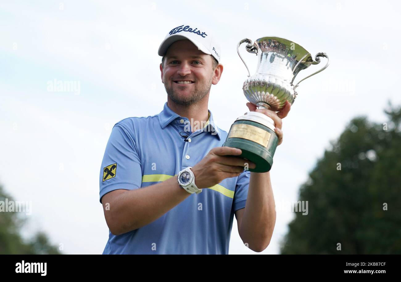 Bernd Wiesberger (AUT) poses with the winner trophy at the end of the ...