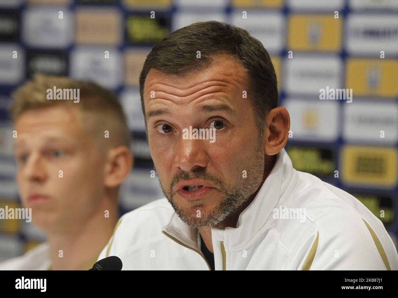 Ukrainian head coach Andriy Shevchenko speak during a press conference ...
