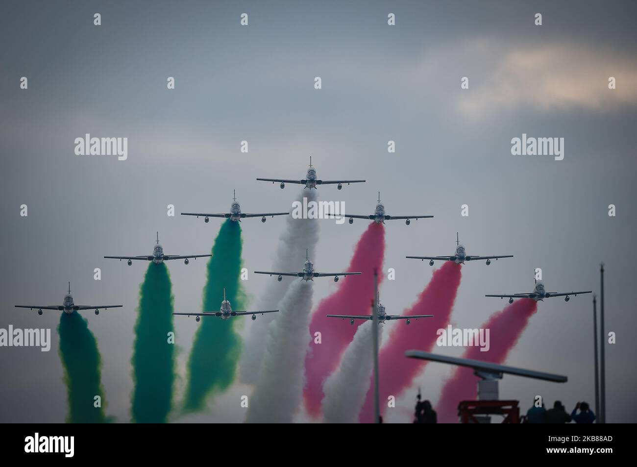The Italian national aerobatic team, the "Frecce Tricolore" flies over ...