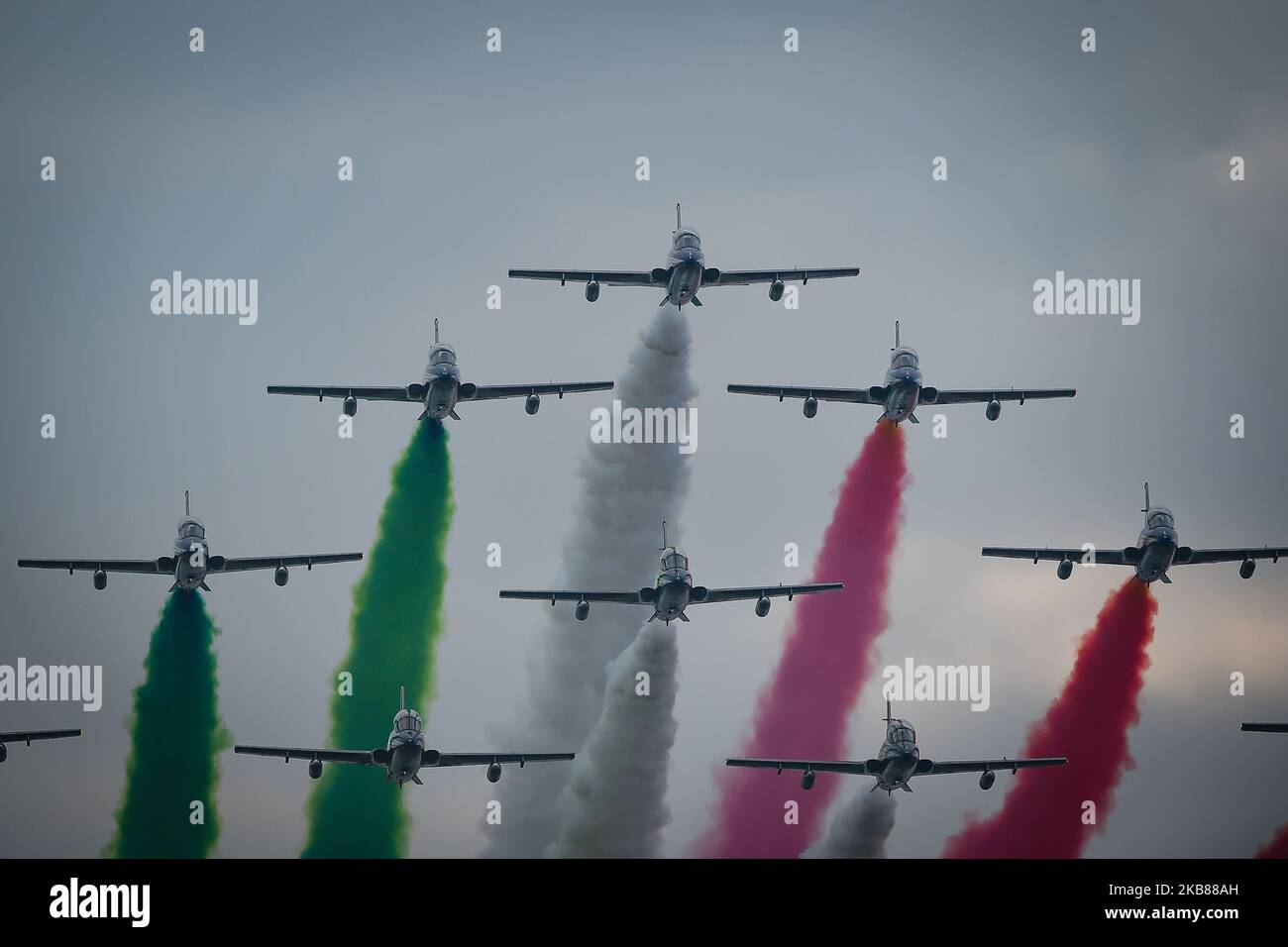 The Italian national aerobatic team, the "Frecce Tricolore" flies over ...