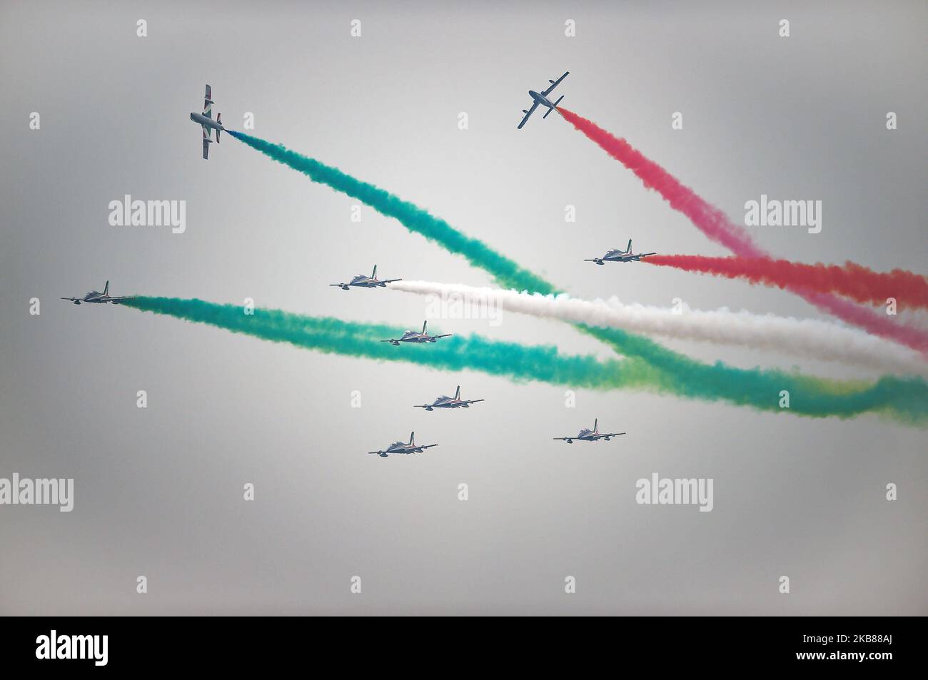 The Italian national aerobatic team, the "Frecce Tricolore" flies over ...