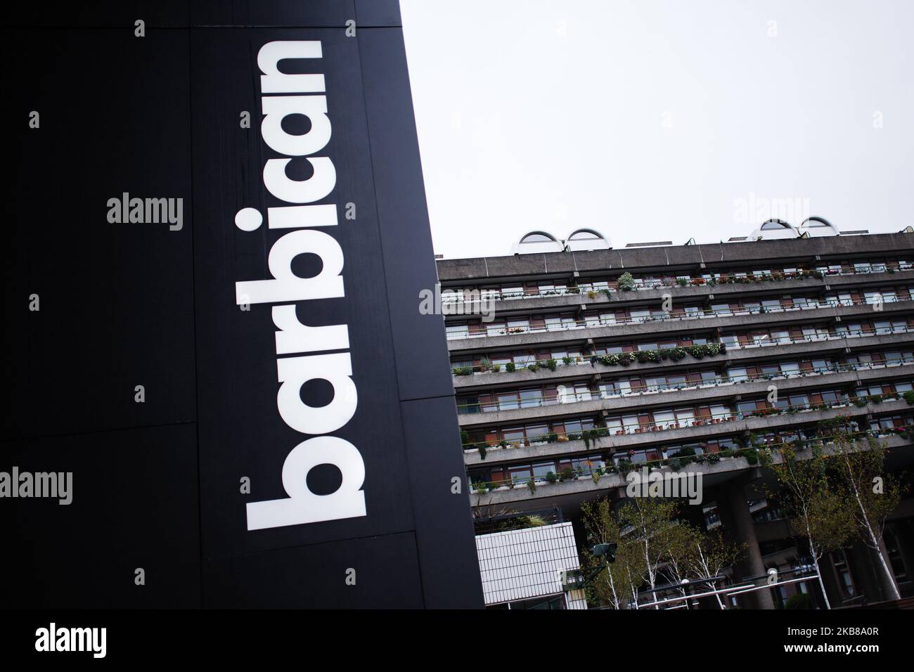 A sign for the Barbican Centre arts venue stands on the Lakeside ...