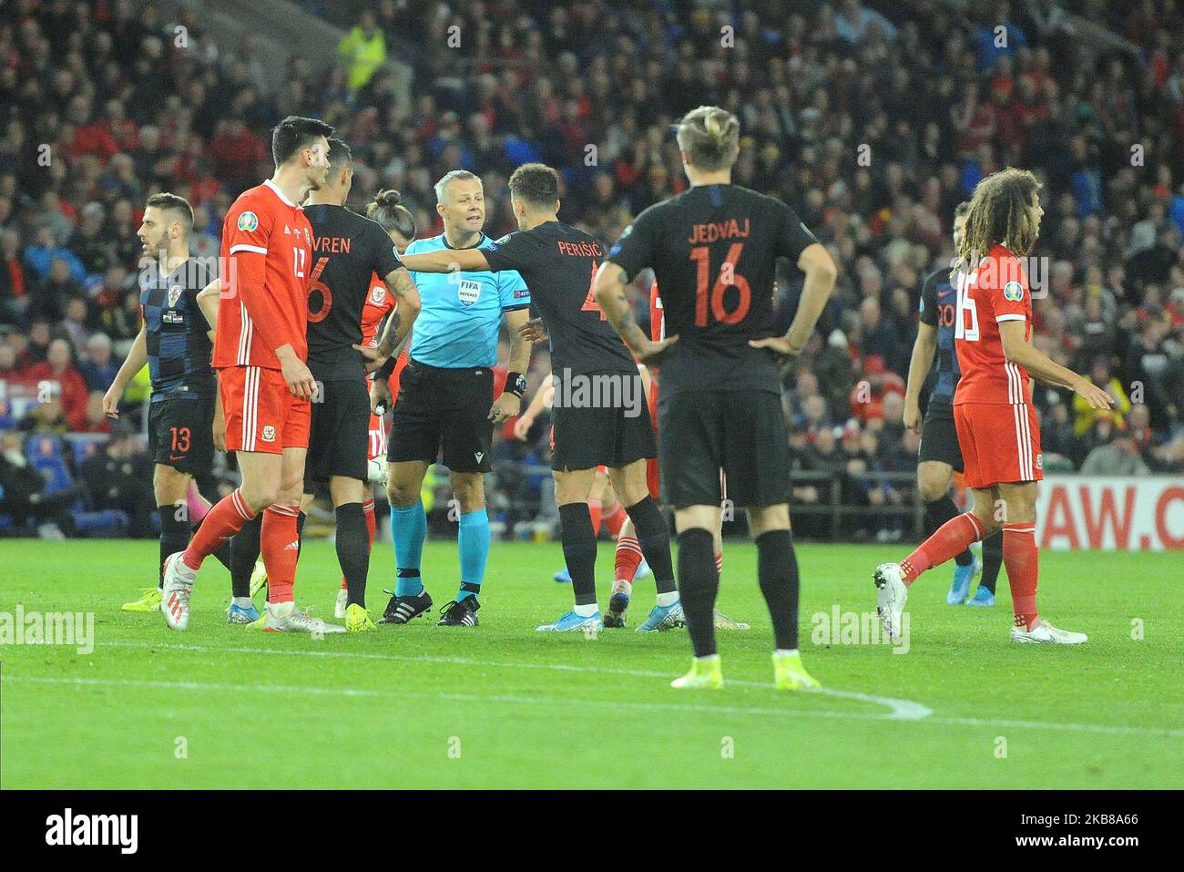 Ivan Perisic of Croatia argue with refeere during the UEFA Euro 2020 ...